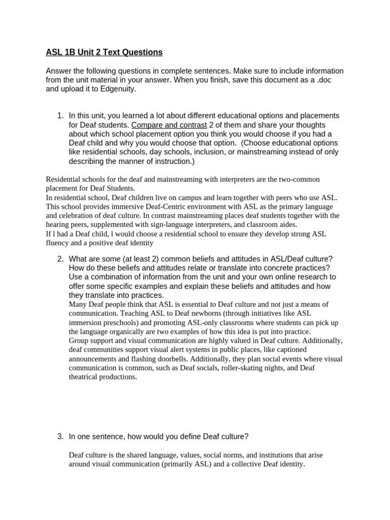 ASL 1B Unit 2 Text Questions | PDF | American Sign Language | Deafness