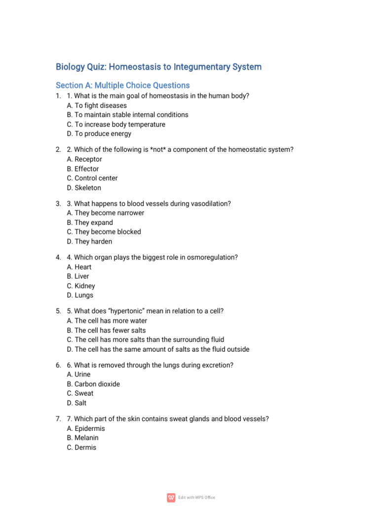 Homeostasis Quiz Questions | PDF | Homeostasis | Skin