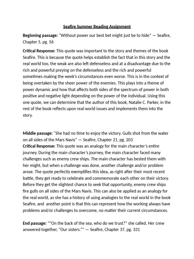 Seafire Summer Reading Assignment | PDF