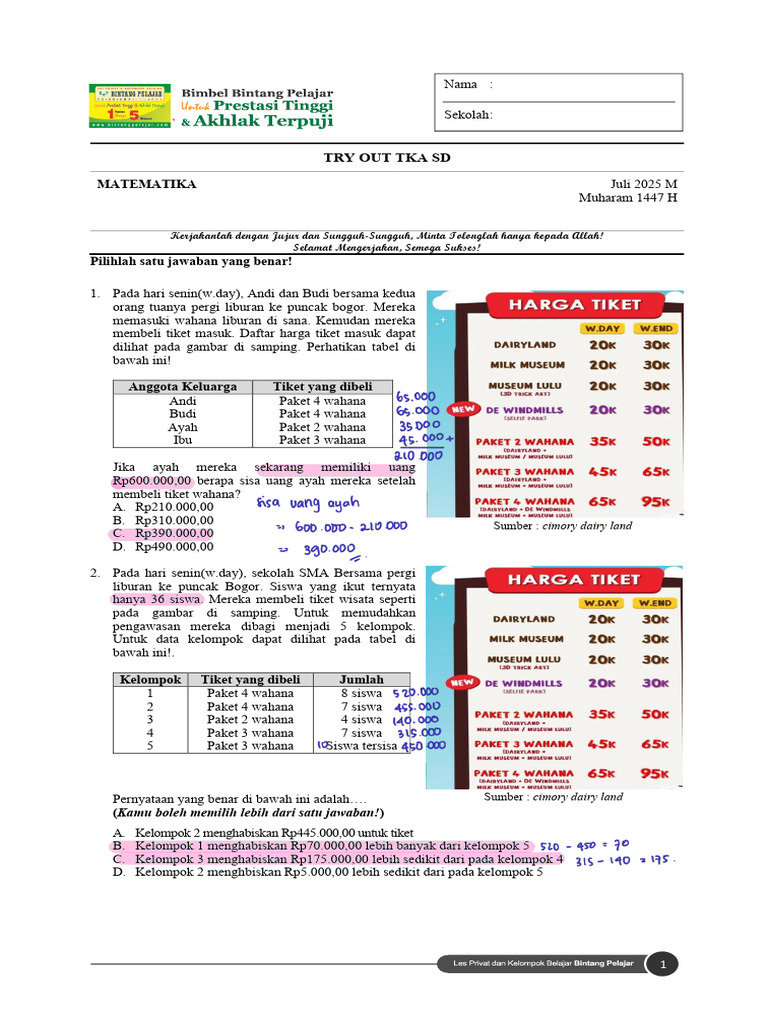 TRY OUT TKA Matematika SD 2025-2026 - 202508090949 - 27862 | PDF