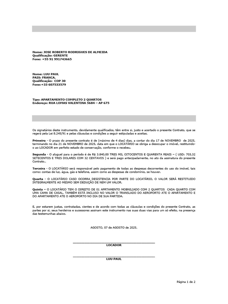 Contrato Paul Luu | PDF | Aluguel | Lei Civil (Lei Comum)