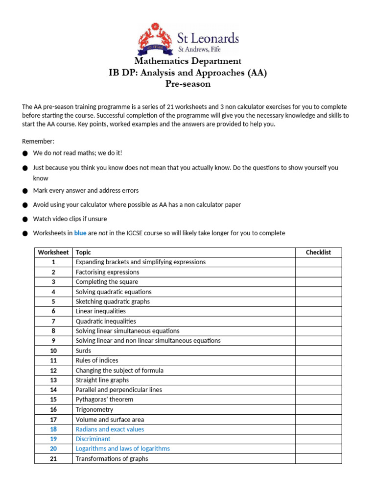 AA Pre-Season Math Training Worksheets | PDF
