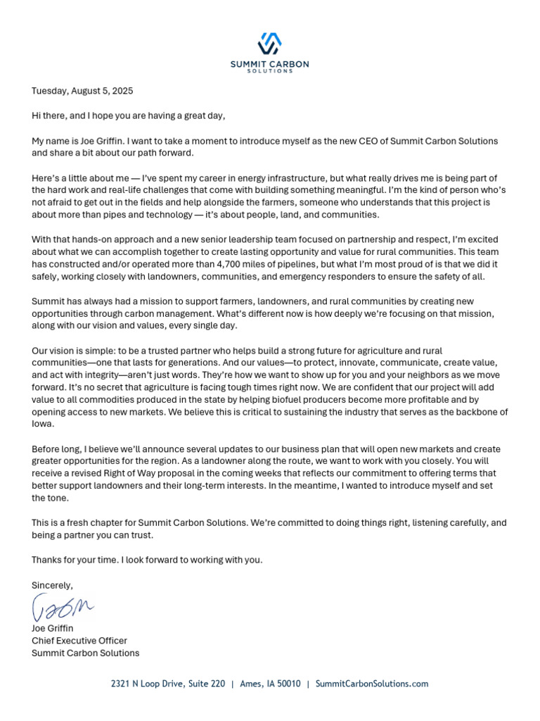 Summit CEO Letter To Unsigned Landowners - Intro and Vision | PDF ...