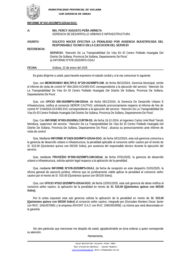 Informe Nº0000-2025- Soliciot Aplicacion de Penalidad- Vias de Huangala | PDF