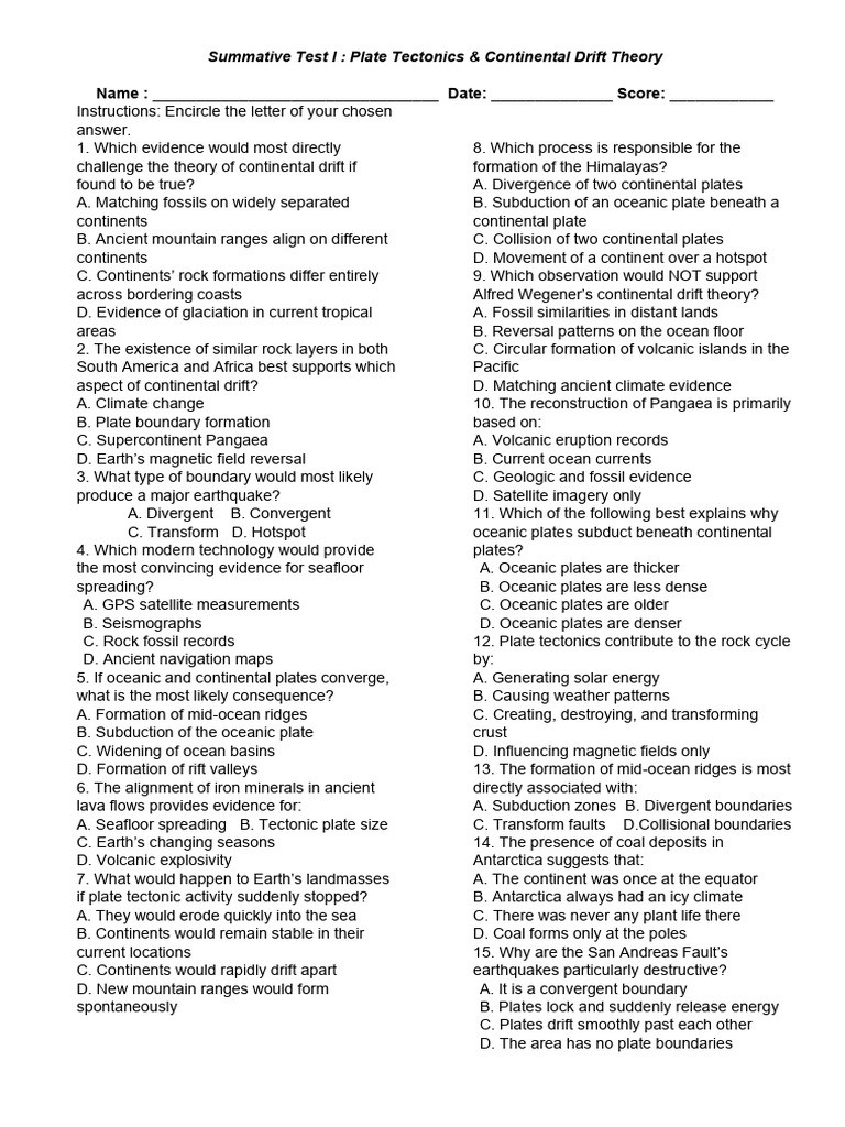 Summative Test I Plate Teactonics and Continental Drift Theory Without ...