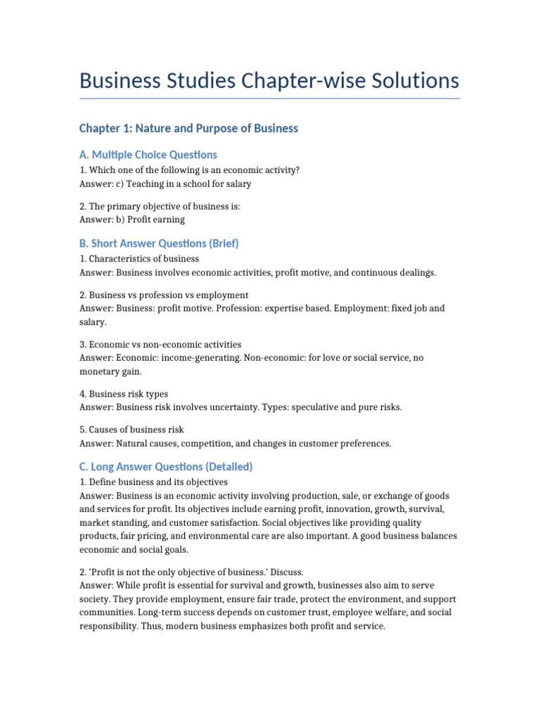 Business Studies All Chapters Solutions | PDF | Business | Partnership