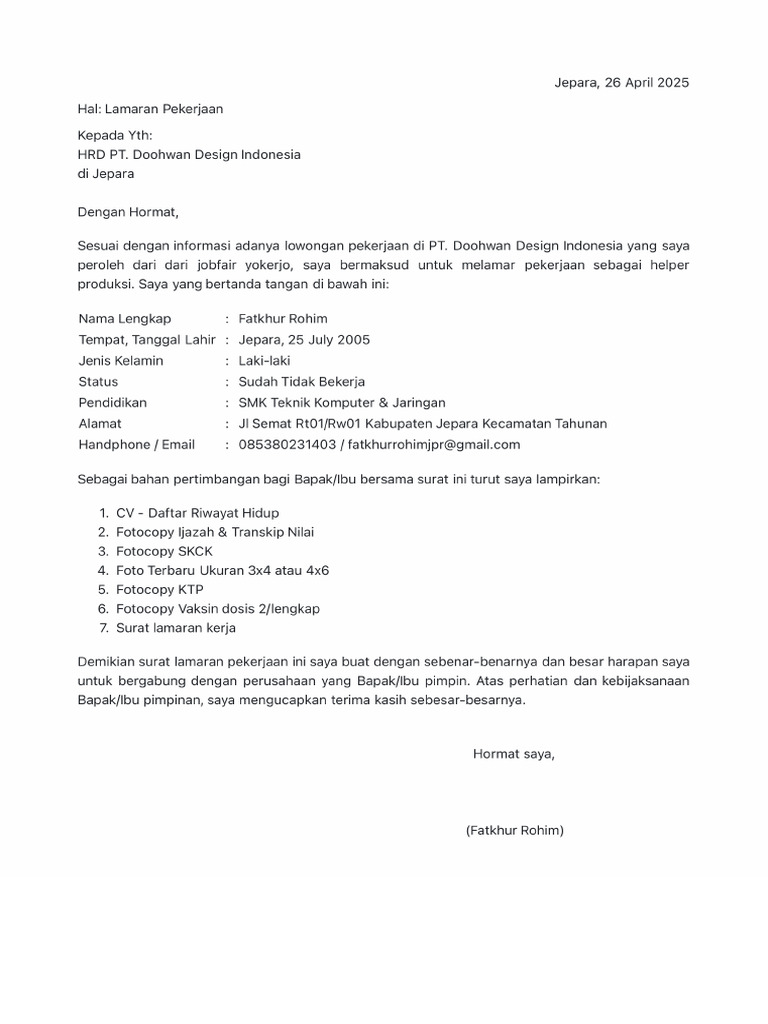 Lamaran-PT. Doohwan Design Indonesia | PDF