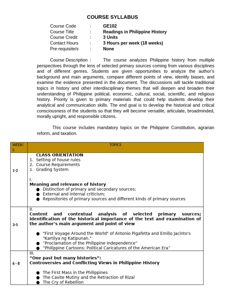 Philippine History Course Syllabus | PDF | Philippines | Manila