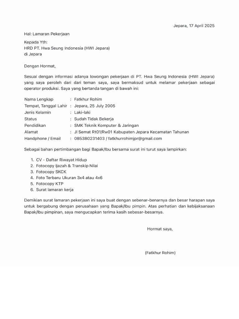 Lamaran-PT. Hwa Seung Indonesia (HWI Jepara) | PDF