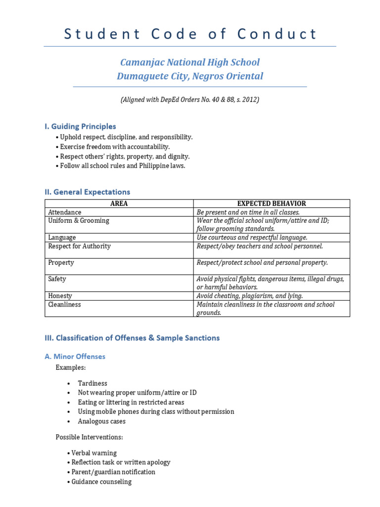 Camanjac NHS Student Code of Conduct | PDF | Justice | Crime & Violence