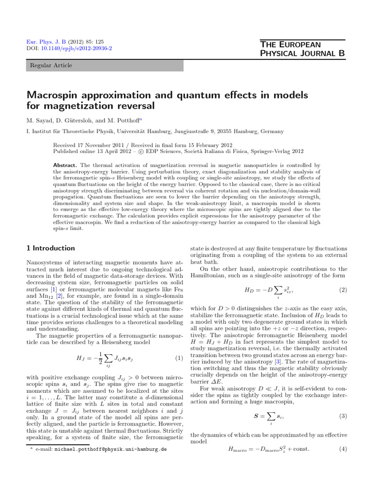 Macrospin Approximation and Quantum Effects in Models for Magnetization Reversal 10 ...