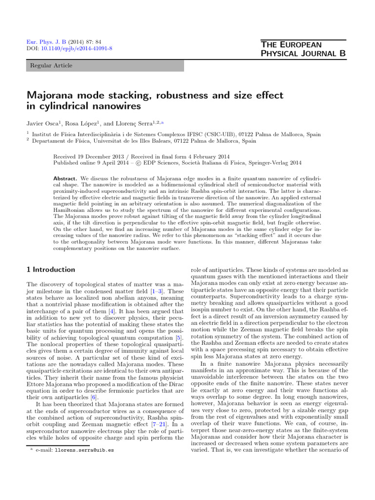 Majorana Modes in Cylindrical Nanowires | PDF | Superconductivity ...
