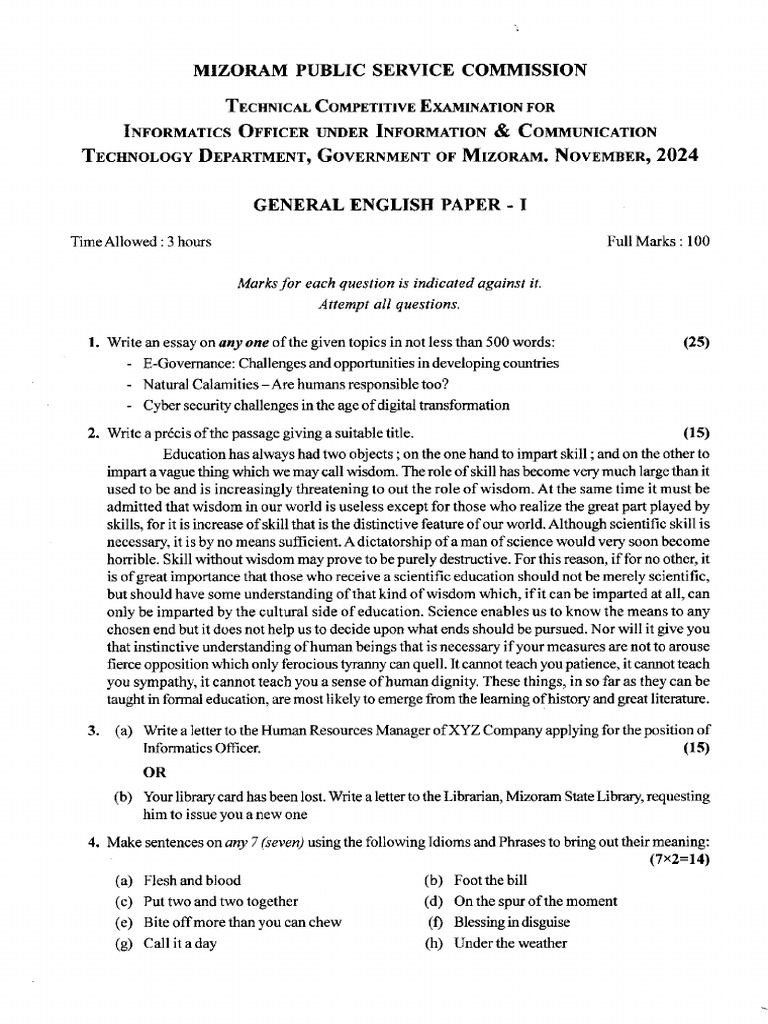 Informatics Officer General English Paper I 2024 | PDF