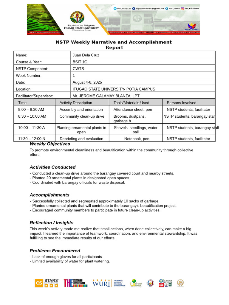 NSTP Weekly Narrative Example | PDF