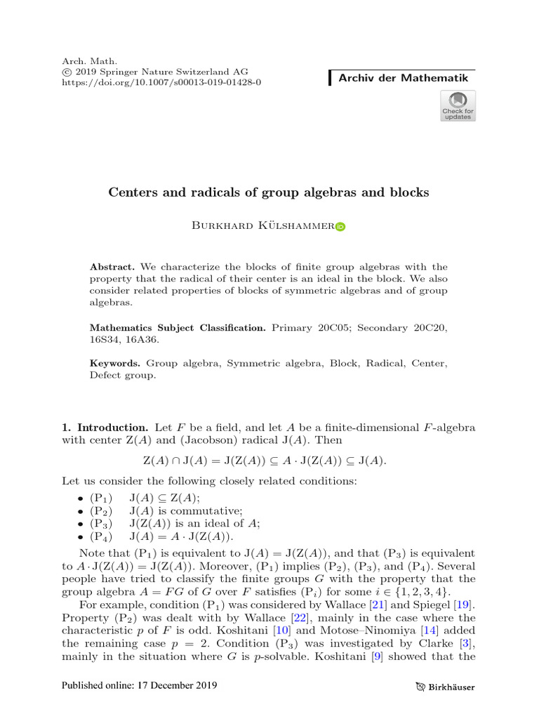 Centers and Radicals in Group Algebras | PDF | Field (Mathematics ...