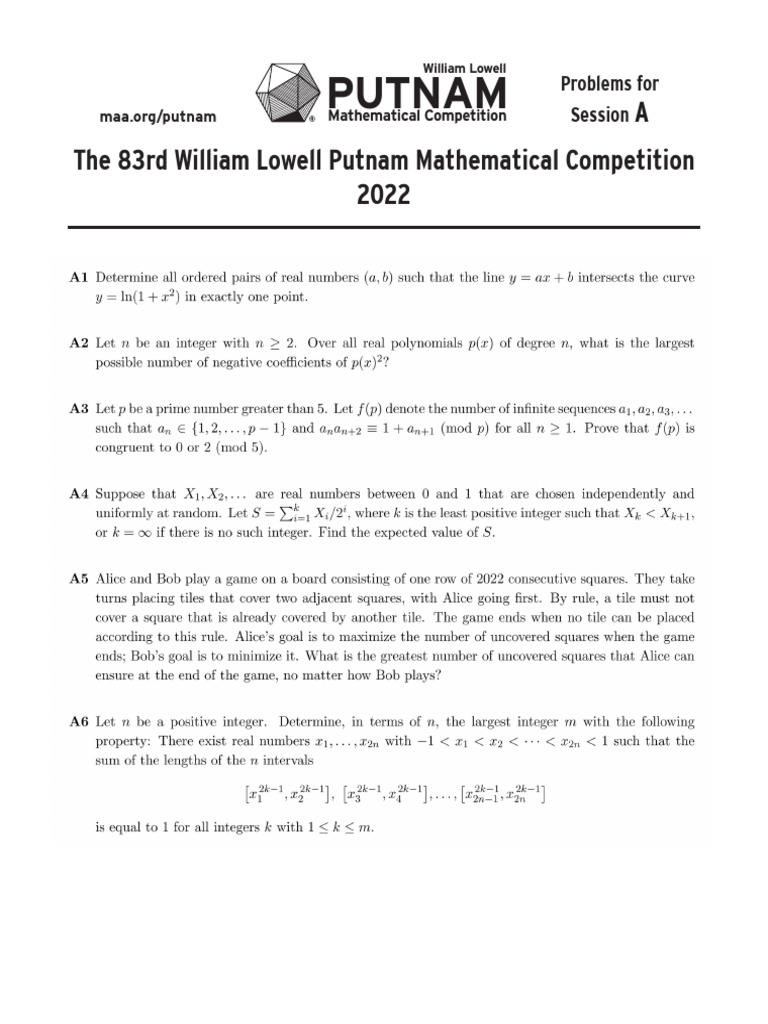 2022 Putnam Competition Problems | PDF