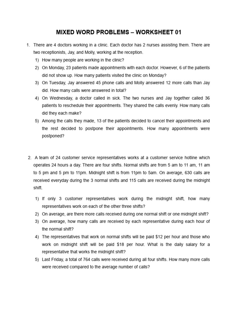 Mixed Word Problems Worksheet | PDF