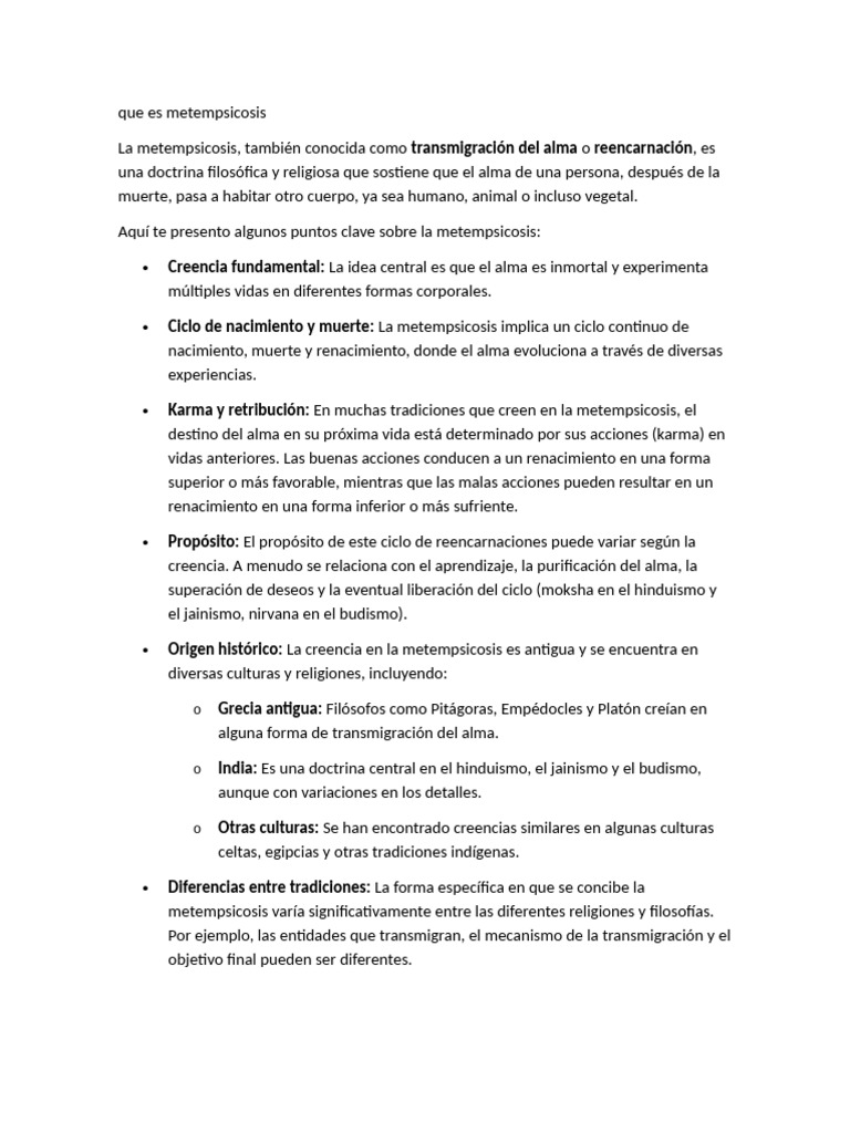 Metempsicosis: Definición y Creencias | PDF | Alma | Reencarnación