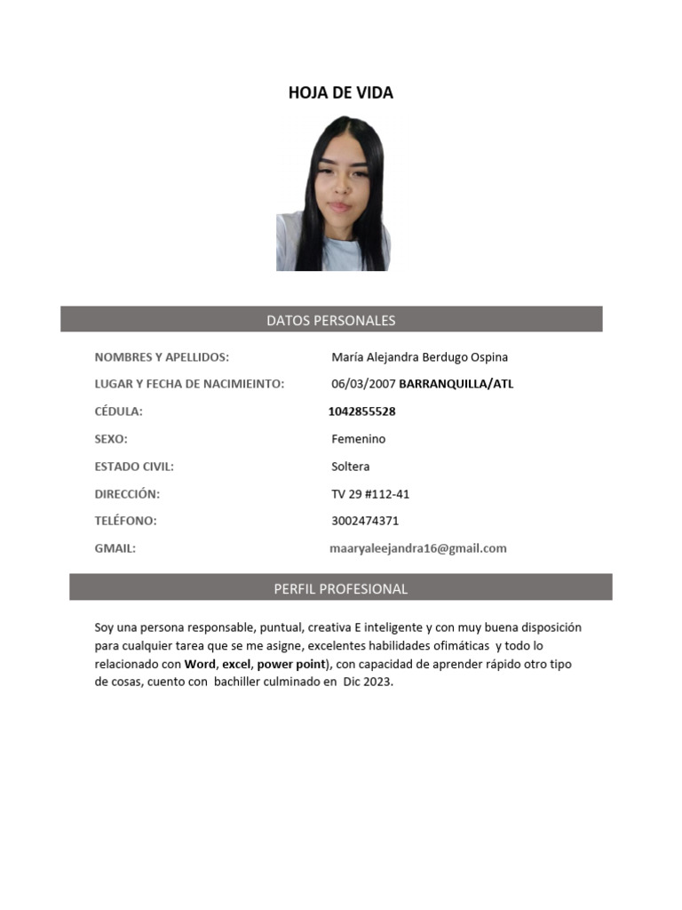 Hoja de Vida de María Berdugo Ospina | PDF