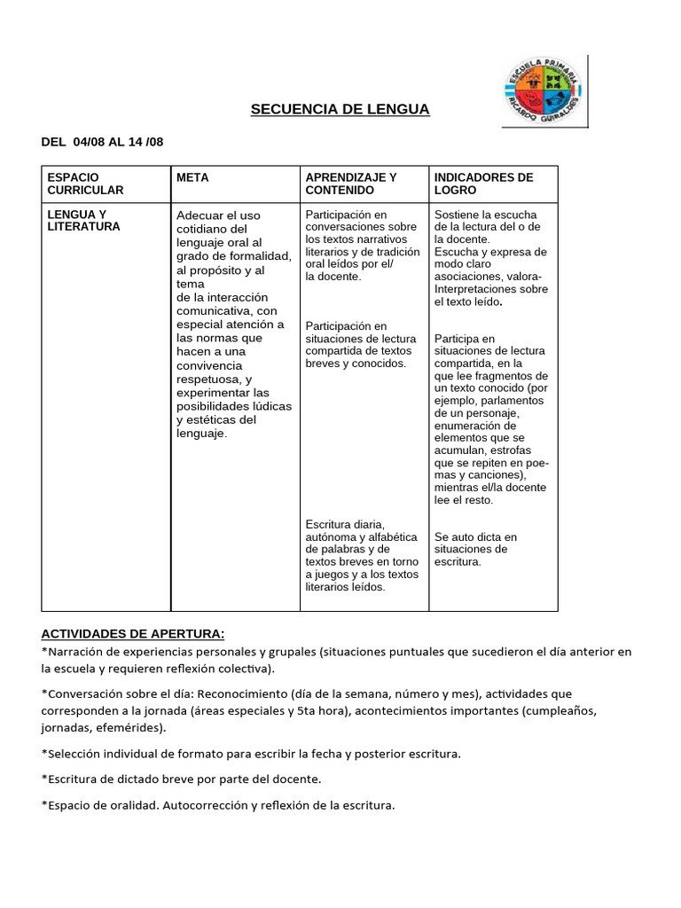 AGOSTO - Secuencia 1 de Lengua 2025 | PDF | Cuentos | Escritura