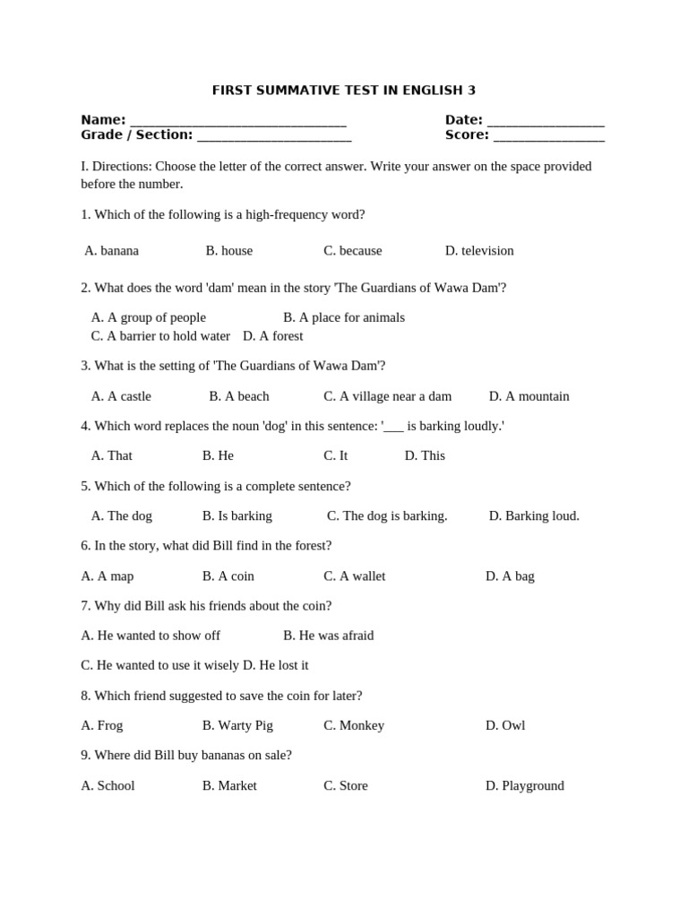 Summative Test 1 Grade 3 | PDF