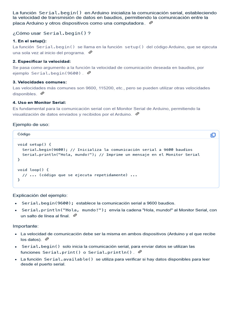 Uso de Serial.begin() en Arduino | PDF