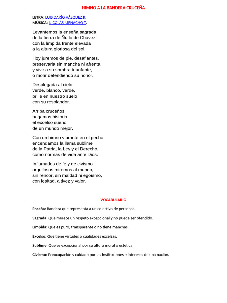 Himno a la Bandera Cruceña: Letra y Vocabulario | PDF