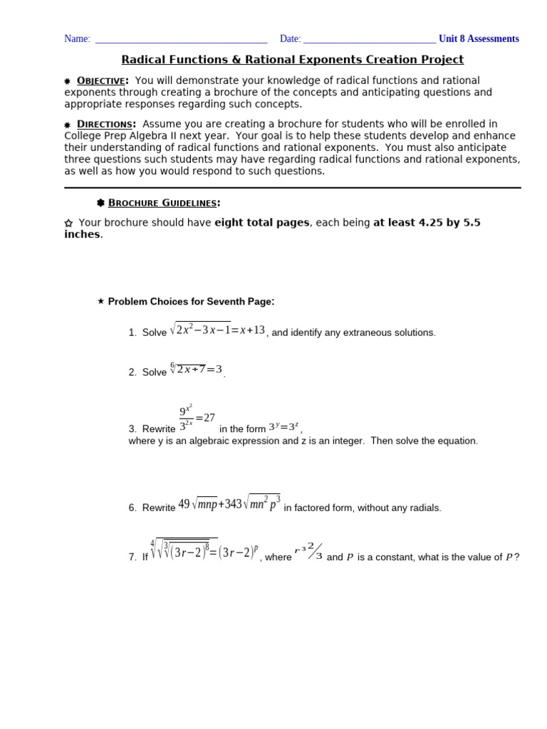 Radical Functions & Rational Exponents Creation Project | PDF