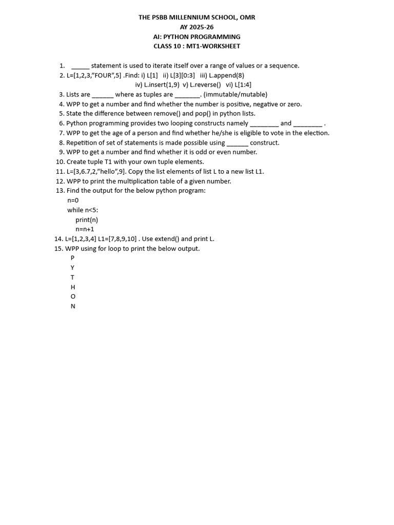 Class 10-Mt1 -Python Worksheet | PDF
