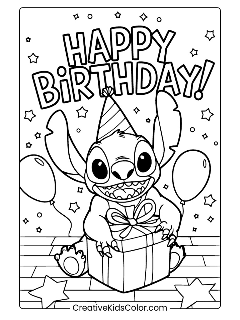 Stitch Happy Birthday Coloring Pages | PDF