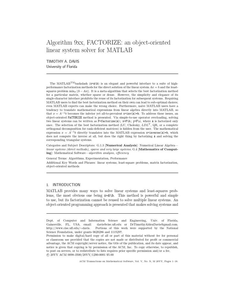 Factorize An Object Oriented Linear System Solver For MATLAB | PDF | Matrix (Mathematics ...