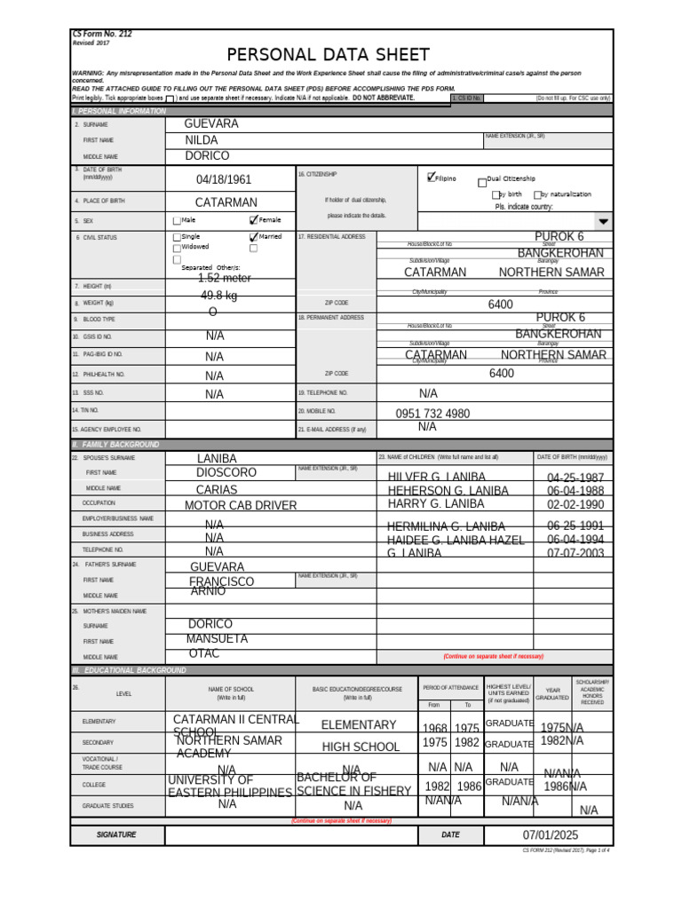 CS Form No. 212 Revised-2017 Personal-Data-Sheet | PDF | Government ...
