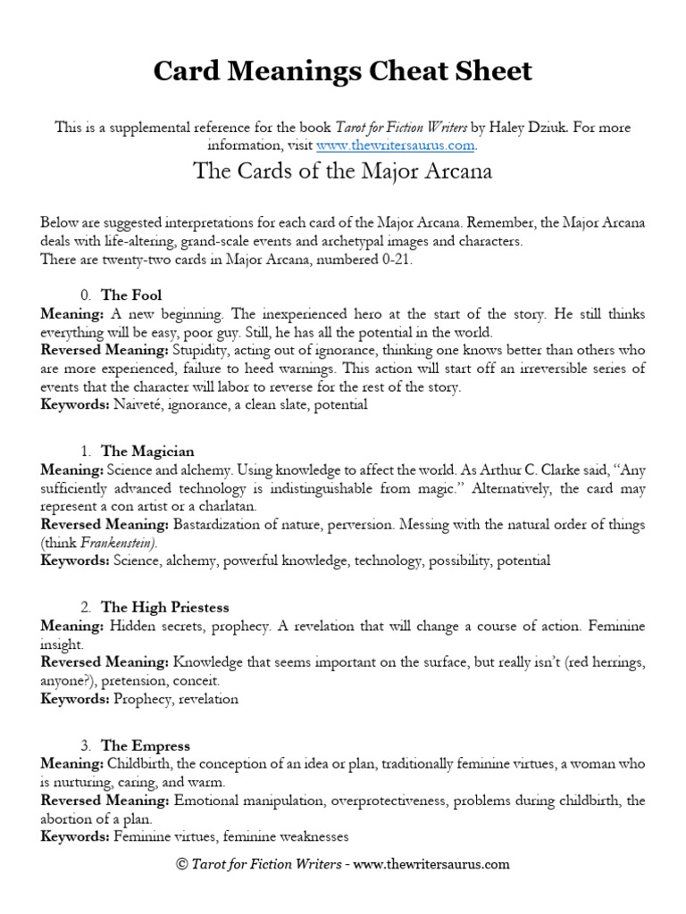 Tarot Card Meanings Cheat Sheet - Tarot for Fiction Writers - The ...