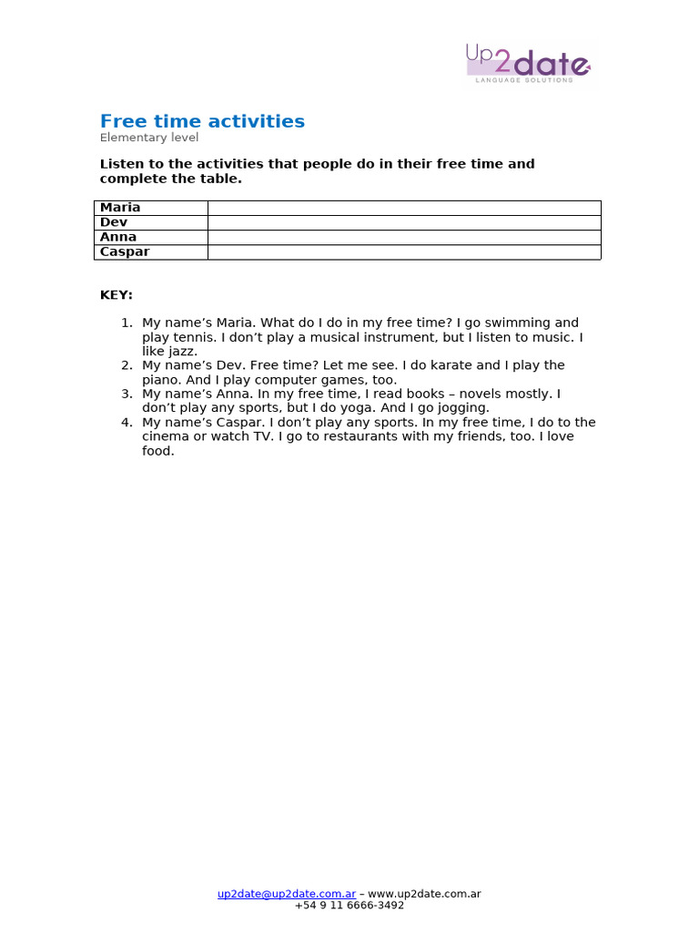 Free Time Activities (Elem) | PDF