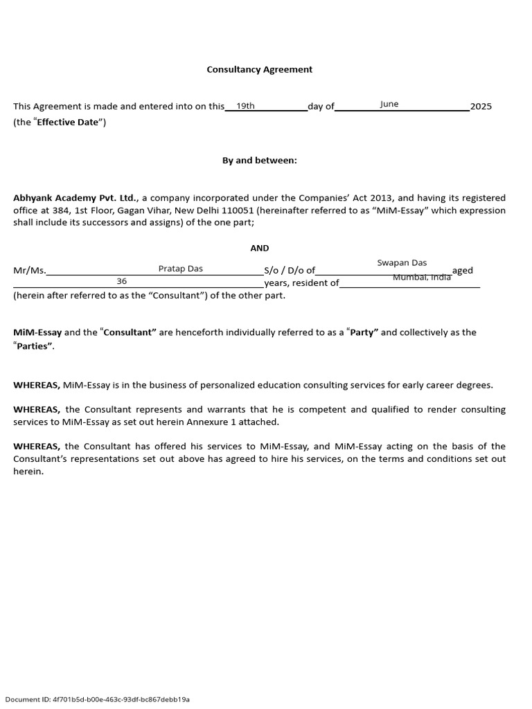 New V5 Consultant Contract MiM-Essay 2025-2026 Pratap Das | PDF ...