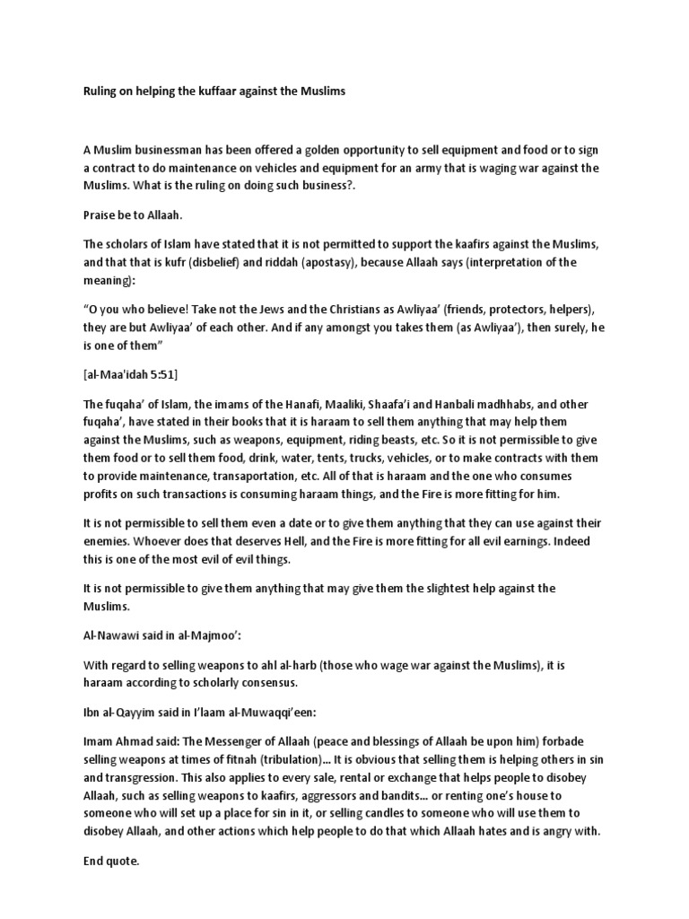 Ruling On Helping The Kuffaar Against The Muslims - Islam QA | PDF ...