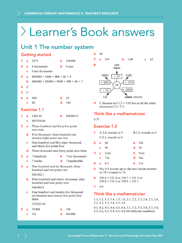 Cambridge Primary Math 5 Teacher's Resource - Answers & Guide | PDF