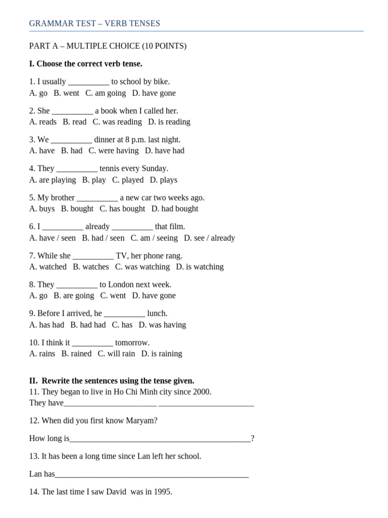 Verb Tenses Grammar Test | PDF