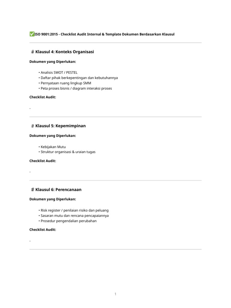 Iso9001 Checklist Template | PDF