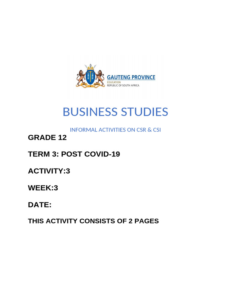 Business Studies Grade 12 Activity 3-Csr &csi Post Covid-1 | PDF | Corporate Social ...