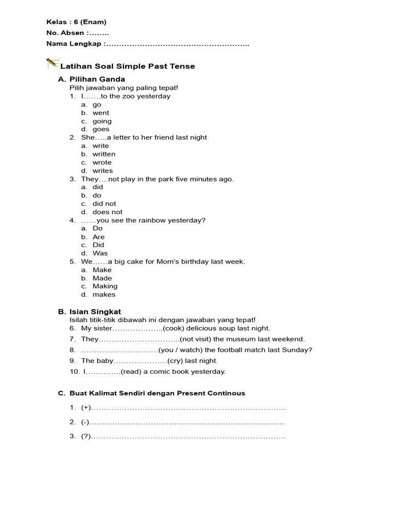 Latihan Soal Simple Past Tense Kelas 6 | PDF