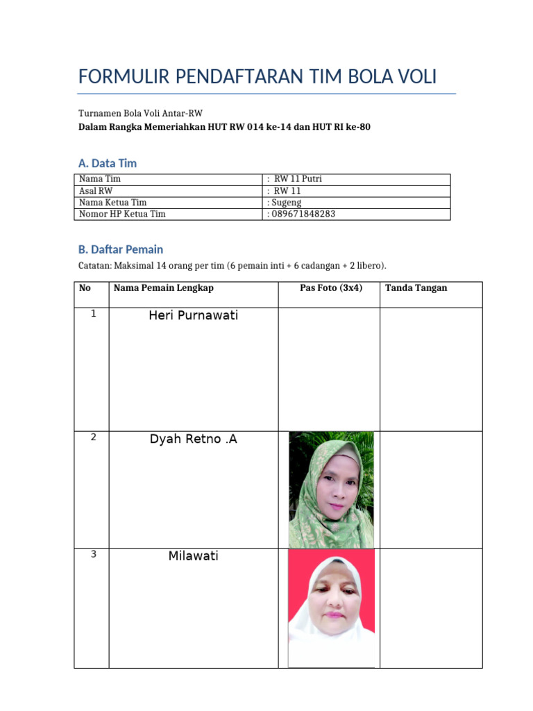Form Pendaftaran Tim Bola Voli Putri | PDF
