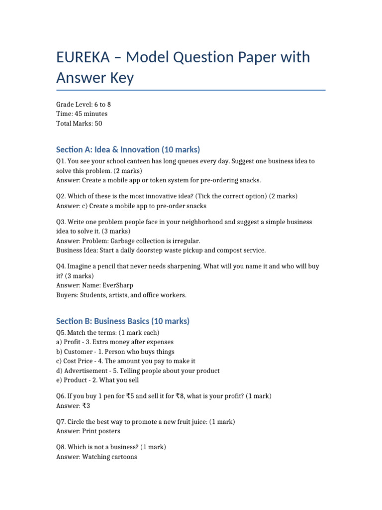 Eureka Exam Model Questions & Answers | PDF