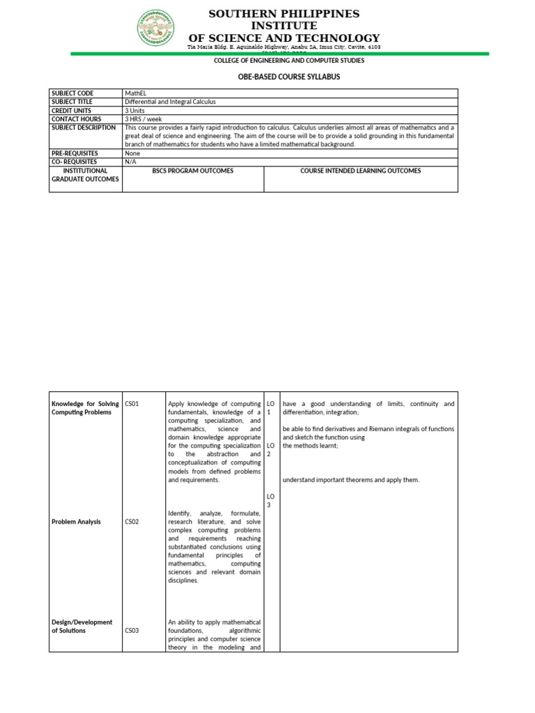 Differential and Integral Calculus-Obe-Based Syllabus | PDF | Integral | Calculus
