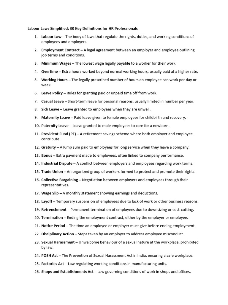 Labour Laws Simplified 30 Key Definitions for HR Professionals | PDF ...