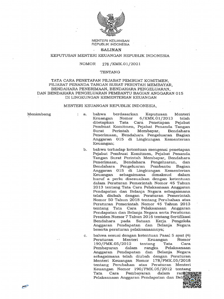 2021 - KMK 278 Penetapan PPK PPSPM Dan Bendahara | PDF