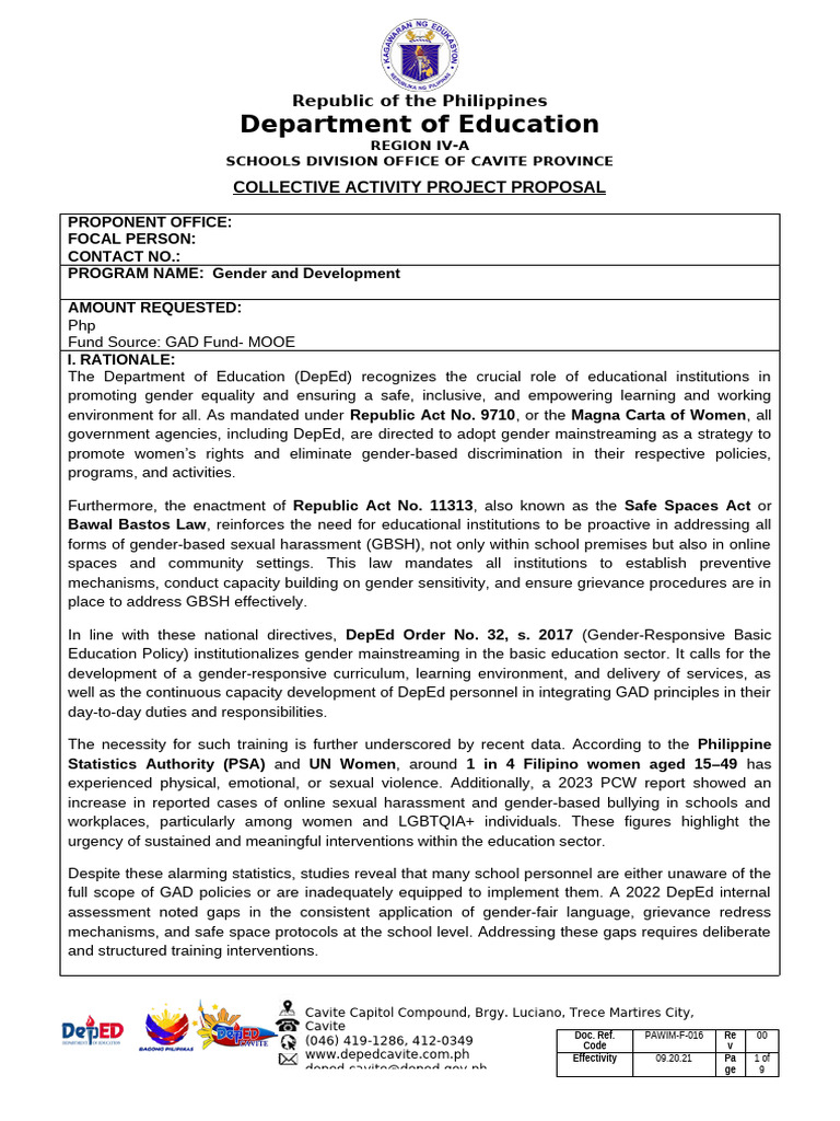 GAD Training Proposal for Schools | PDF | Gender | Gender Studies