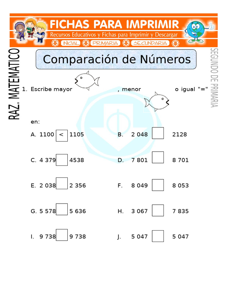 Ficha de Comparacion de Numeros para Segundo de Primaria | PDF