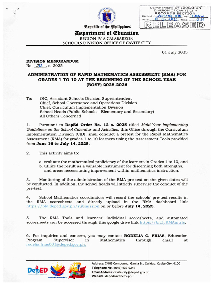 Dm-212-S-2025-Administration of Rapid Mathematics Assessment (Rma) For ...