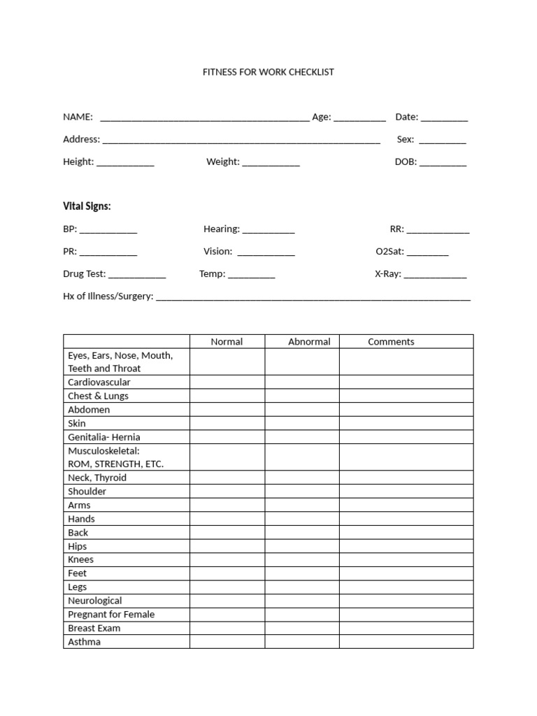 Fitness For Work Checklist (Autorecovered) | PDF